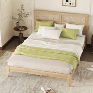 queen size bed frame with rattan headboard,solid wood platform bed with strong wooden slats,queen bedframe,no box spring needed, natural