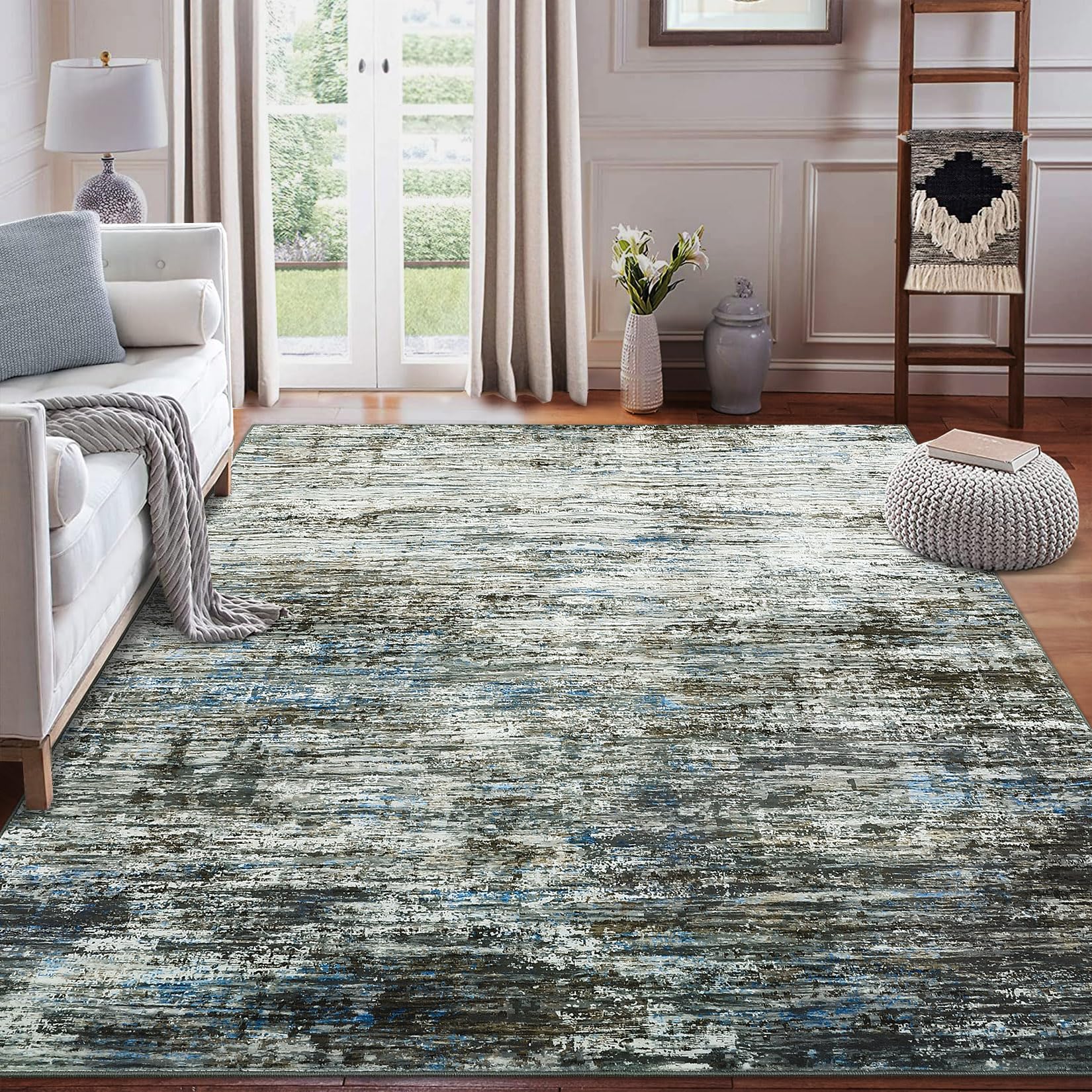 GarveeHome 9x12 Area Rug Modern Abstract Large Area Rug Machine Washable Rug for Living Room, Non-Slip Stain Resistant Accent Rug Contemporary Aesthetic Floor Cover Carpet for Bedroom, Blue/Grey