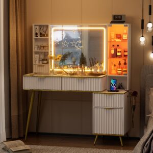 PAKASEPT Fluted Vanity Desk with Mirror and Lights, 47" Big Modern Vanity Desk with Glass Tabletop, Vanity Table with Charging Station, 4 Drawers, Shelves, RGB Glass Cabinet, for Bedroom, White