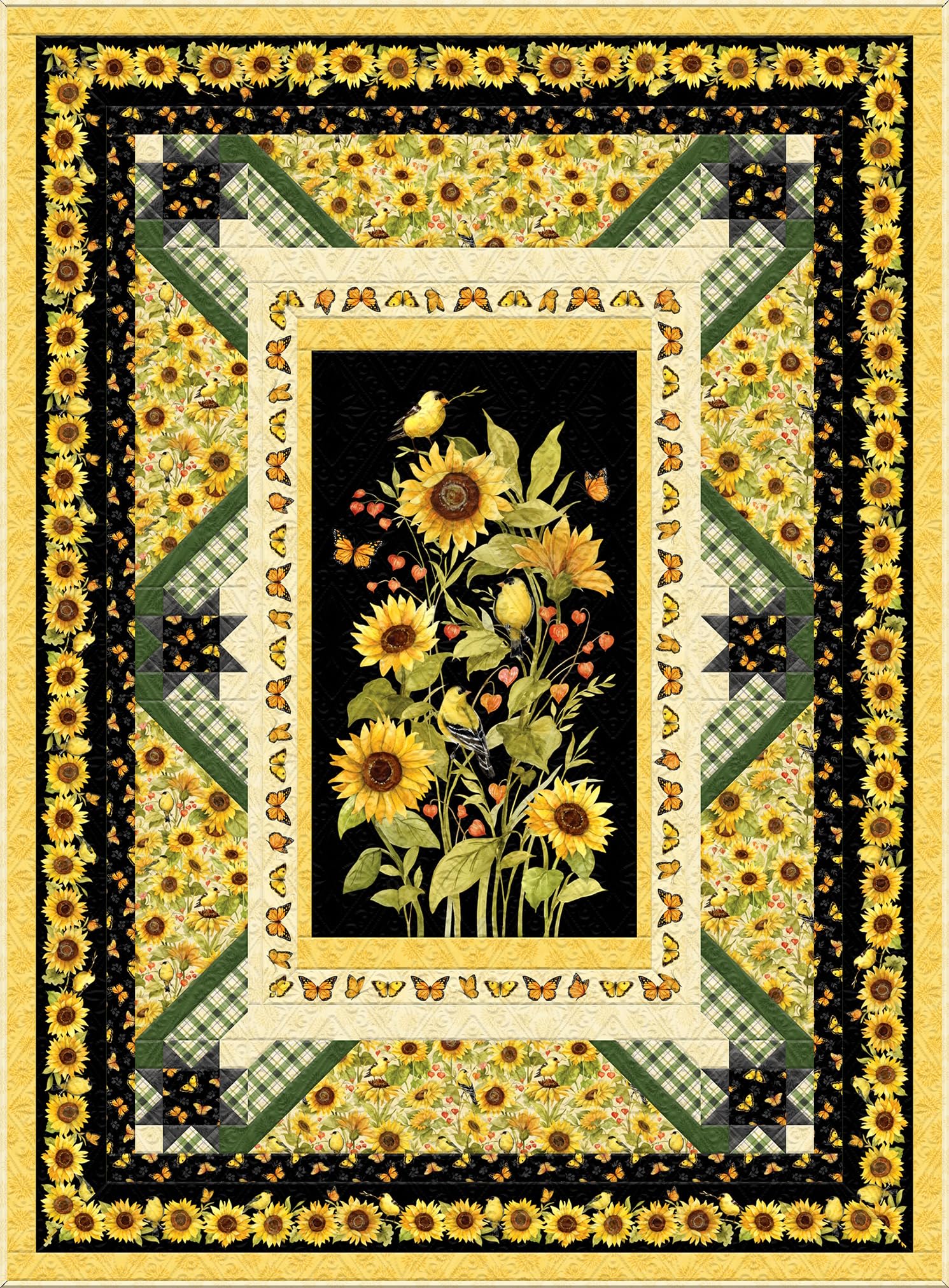 Wilmington Prints Sunflower Splendor 24-7/8" Sunflower and Goldfinch Panel Black, Fabric by The Panel