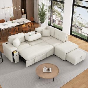 p purlove pull-out sofa bed, chenille l-shaped sectional sofa couch with a movable ottoman, 2 usb ports and 2 cup holders for living room (beige)