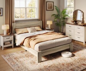 linsy queen bed frame wood with headboard, farmhouse bed frame queen size, wood platform bed fast assembly, noise-free, no box spring needed - beige