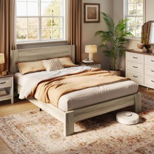 LINSY Queen Bed Frame Wood with Headboard, Farmhouse Bed Frame Queen Size, Wood Platform Bed Fast Assembly, Noise-Free, No Box Spring Needed - Beige