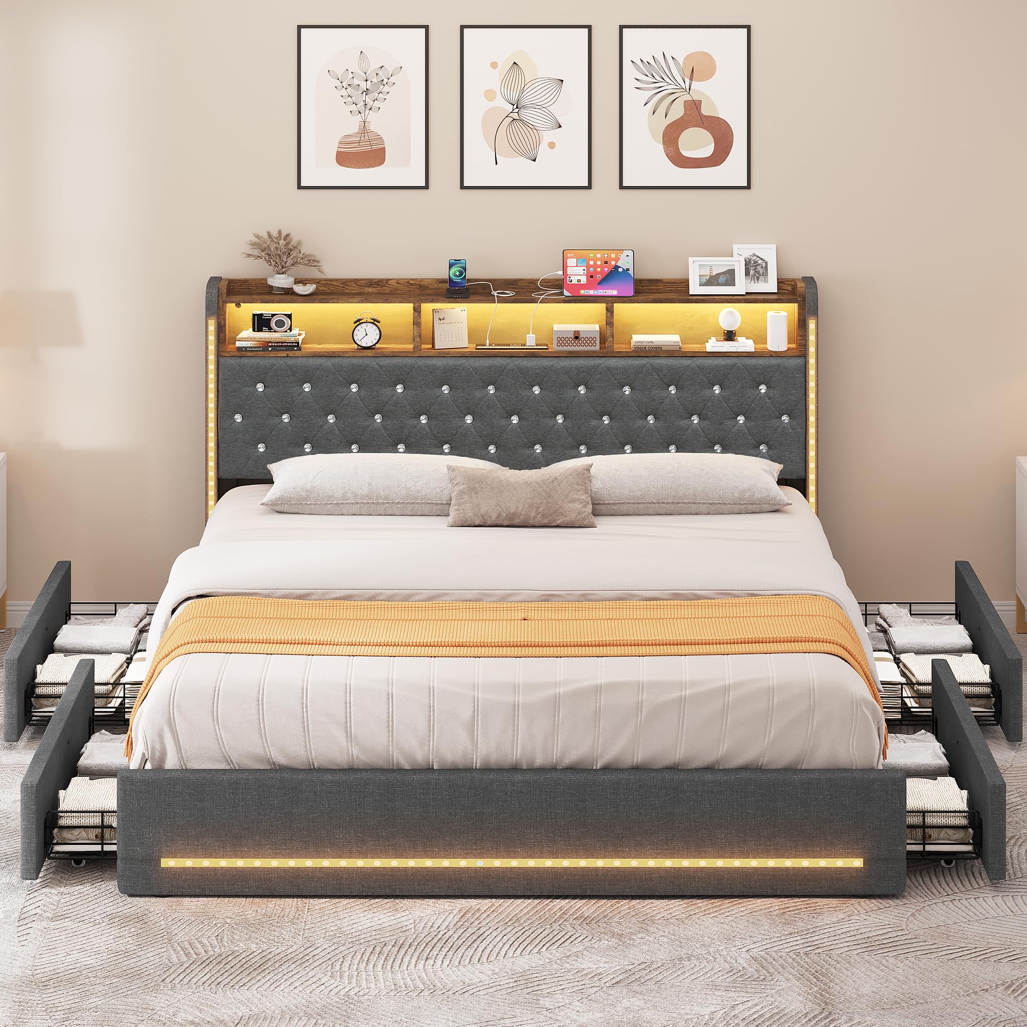 YITAHOME Queen Size Bed Frame w/4 Drawers, Upholstered Bed Frame with LED Lighting, Storage Bed Frame w/Device Charging Hub, Box Spring Not Required, Elegant Gray