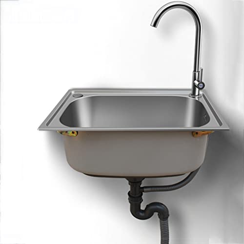 Single Bowl Stainless Steel Commercial Kitchen Sink, Free Standing Utility Sink Single Bowl Rectangle Wash Vegetable Basin For Garage Restaurant Laundry Room Outdoor (With Faucet 42*37*20.2CM)