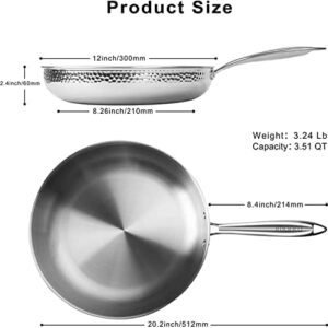 imarku Stainless Steel Pan, 12 inch Frying Pan, 3 Ply Stainless Steel Frying pan, Fry pan, Stainless Steel Skillet, Cooking Pan - Oven Safe Skillet, Christmas Gift for Man and Woman