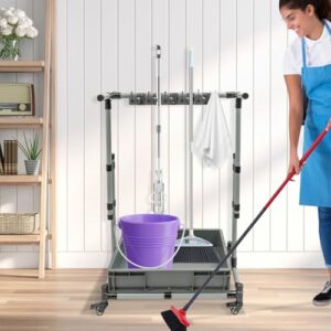 Freestanding Broom Mop Holder with Water Tank, Floor Standing Cleaning Tool Cart with Universal Wheel, Cleaning Supplies Organizer for Store and Dry Brooms, Mop