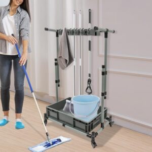 Freestanding Broom Mop Holder with Water Tank, Floor Standing Cleaning Tool Cart with Universal Wheel, Cleaning Supplies Organizer for Store and Dry Brooms, Mop