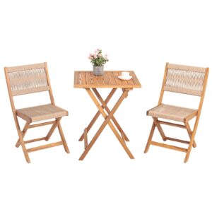 Olaterior 3 Piece Acacia Wood Patio Bistro Set, Outdoor Folding Bistro Table and Chairs Set of 2, Small Rope Conversation Set, Patio Furniture for Apartment Balcony Deck Porch, Beige