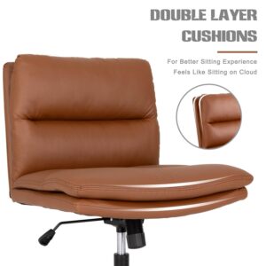 Okeysen Criss Cross Chair with Wheels, Armless Cross Legged Comfy Office Desk Chair, Modern PU Leather Height Adjustable Swivel Computer Task Chair with Wide Seat for Home, Office, Vanity Chair, Brown