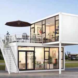 Double Story Fully Equipped Bathroom 2 bedrooms prefab Expandable Container House Luxury Tiny Homes to Live in for Adults Mini Mobile Modular Guest Homes kit with Stair Terrace guardrail