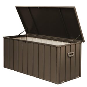 chunly 150 gallon deck storage box with lockable lids, outdoor storage bin with mobility rollers, waterproof patio storage box for outside furniture cushions, pillows & garden tools (dark brown)