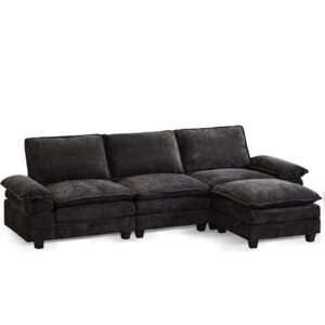 L Shaped Couch Sectional Sofa Couch with Ottoman, Cloud Couch Sectional Couches for Living Room, Modern Modular Sectional Sofa Sleeper Sofa Comfy Upholstered Furniture for Apartment (Black, 4-Seater)