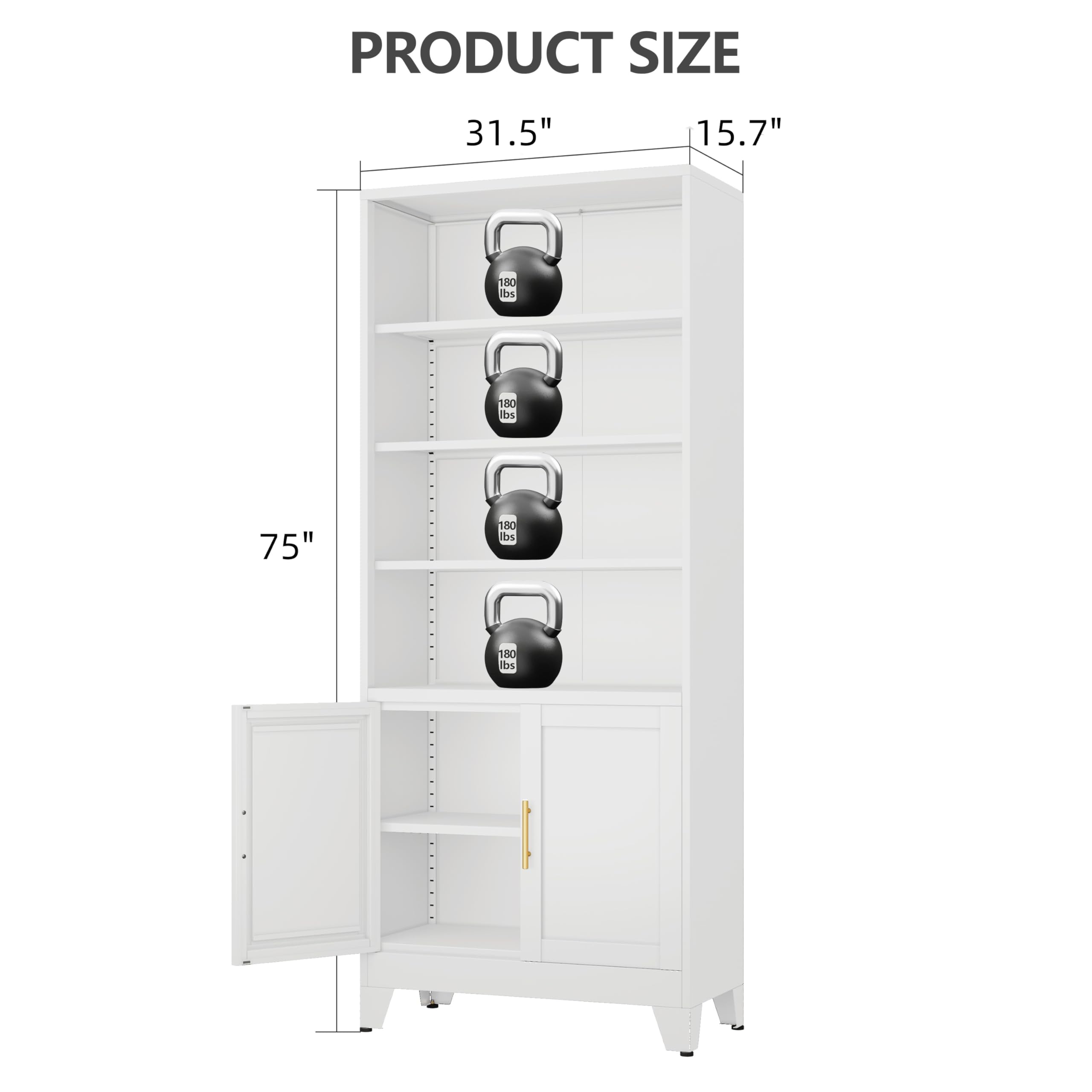 KAIFAM 75 Inch Tall Bookshelf with Doors, Metal Bookcase with Storage Cabinet and Adjustable Shelves, 6 Tier Floor Standing Display Storage Shelves for Living Room, Bedroom, Office, (White)