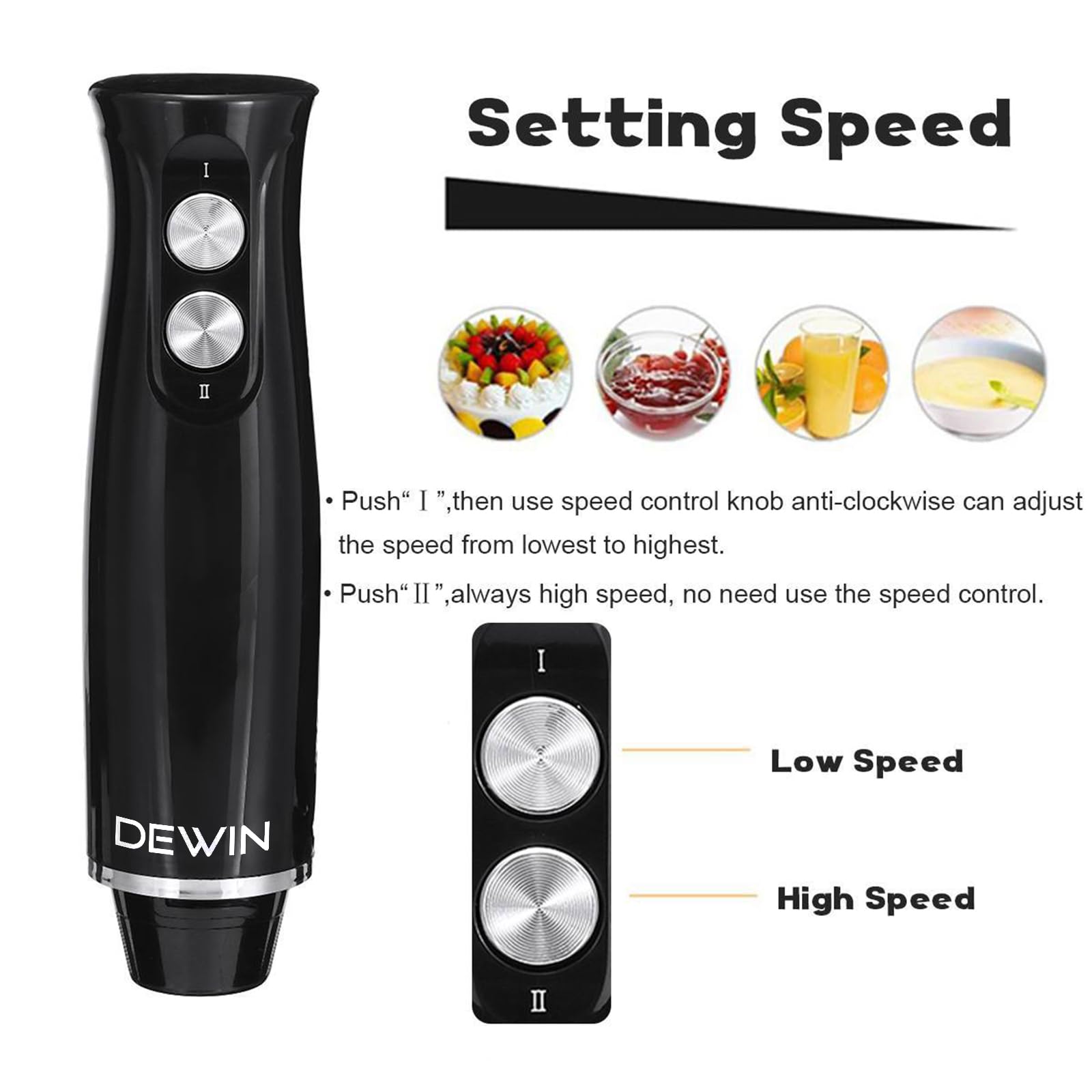 DEWIN Immersion Blender, 500 Watt 4-in-1 Hand Blender with Chopper, Whisk, Mixing Beaker, Electric Stick Blender with Two Speed Adjustable, Ergonomic handle