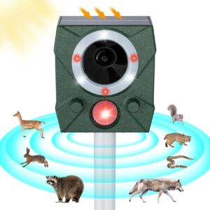 solar ultrasonic animal repeller outdoor, squirrel deer repellent, ultrasonic raccoon repellent with motion sensor for skunk, fox, deer, wolf, coyote, rabbit, mole