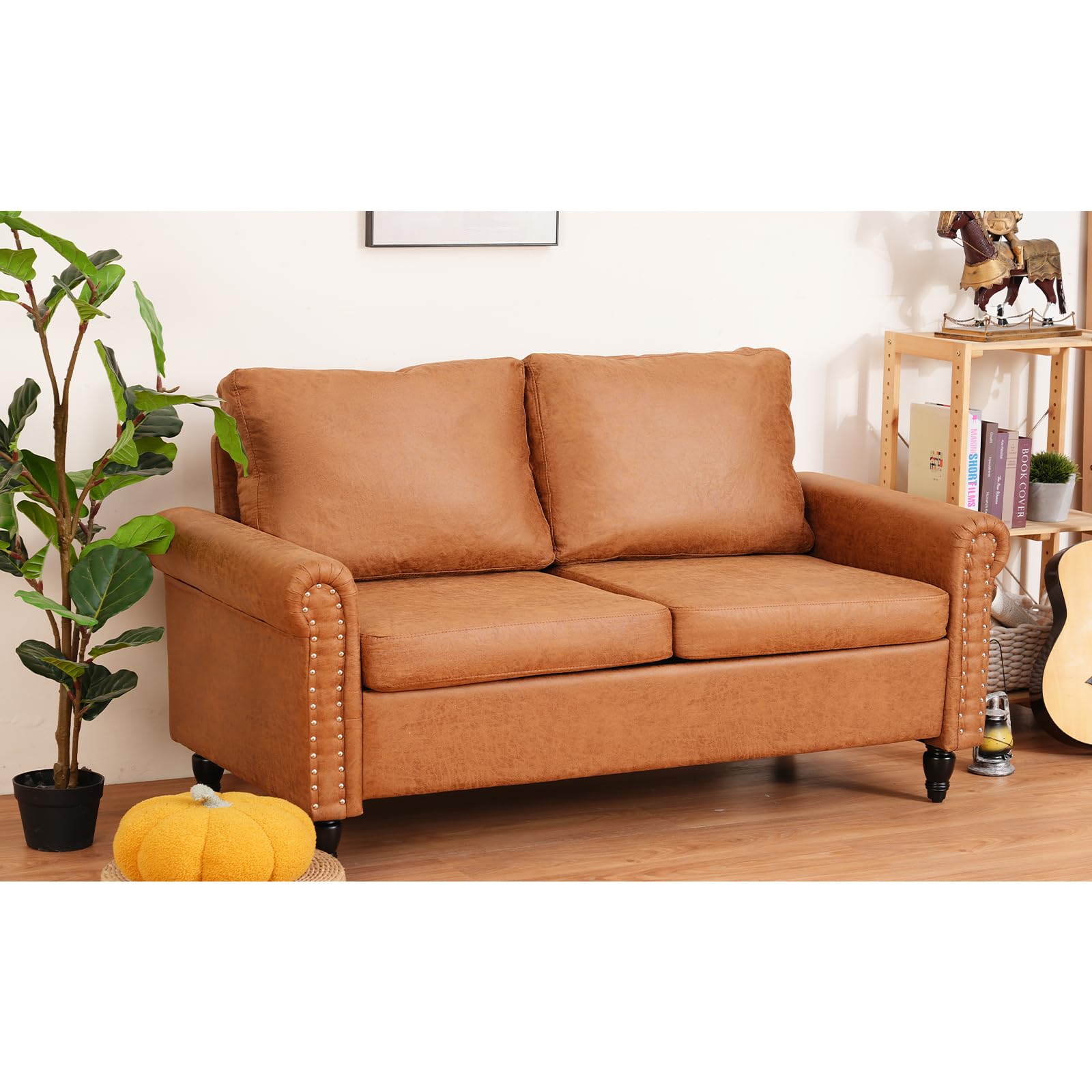 J.C.UP 57 Loveseat Sofa,2 Seat Couch with Leathaire Fabric,Small Couches for Small Spaces with Solid Wood Legs,Comfy Love Seat Sofa for Living Room,Bedroom,Apartment(Brown)