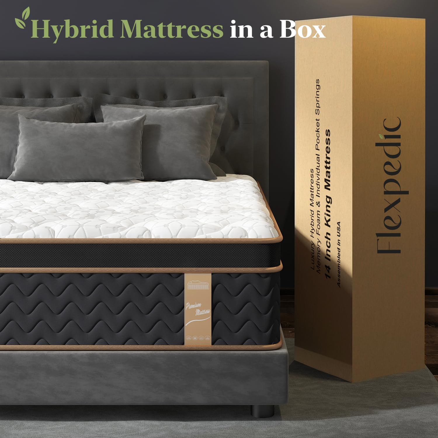 FP FLEXPEDIC King Mattress, 14 Inch Plush Hybrid Mattress with Gel Memory Foam, Fiberglass-Free Mattress in a Box, Individual Pocket Spring-Motion Isolation-Edge Support, 100 Nights Trial,CertiPUR-US