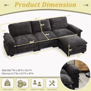 L Shaped Couch Sectional Sofa Couch with Ottoman, Cloud Couch Sectional Couches for Living Room, Modern Modular Sectional Sofa Sleeper Sofa Comfy Upholstered Furniture for Apartment (Black, 4-Seater)