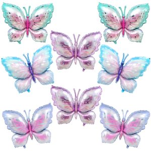 8pcs butterfly balloons, gradient giant butterfly foil mylar balloon butterfly birthday decorations for butterfly theme birthday party wedding supplies (pink purple, blue,green)