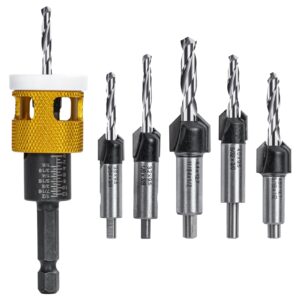 leomaunyx 5 pcs countersink drill bit set: replaceable hss m2 tapered bits - 82° counter bore with adjustable depth stop, carbide drill bits 1/4” hex shank for wood, plastic, woodworking