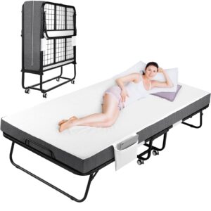 mamizo portable folding bed with mattress - 75" x 38" twin size rollaway bed with mattress, with 4-inch thick luxurious memory foam mattress and a sturdy metal frame, space saving roll away bed