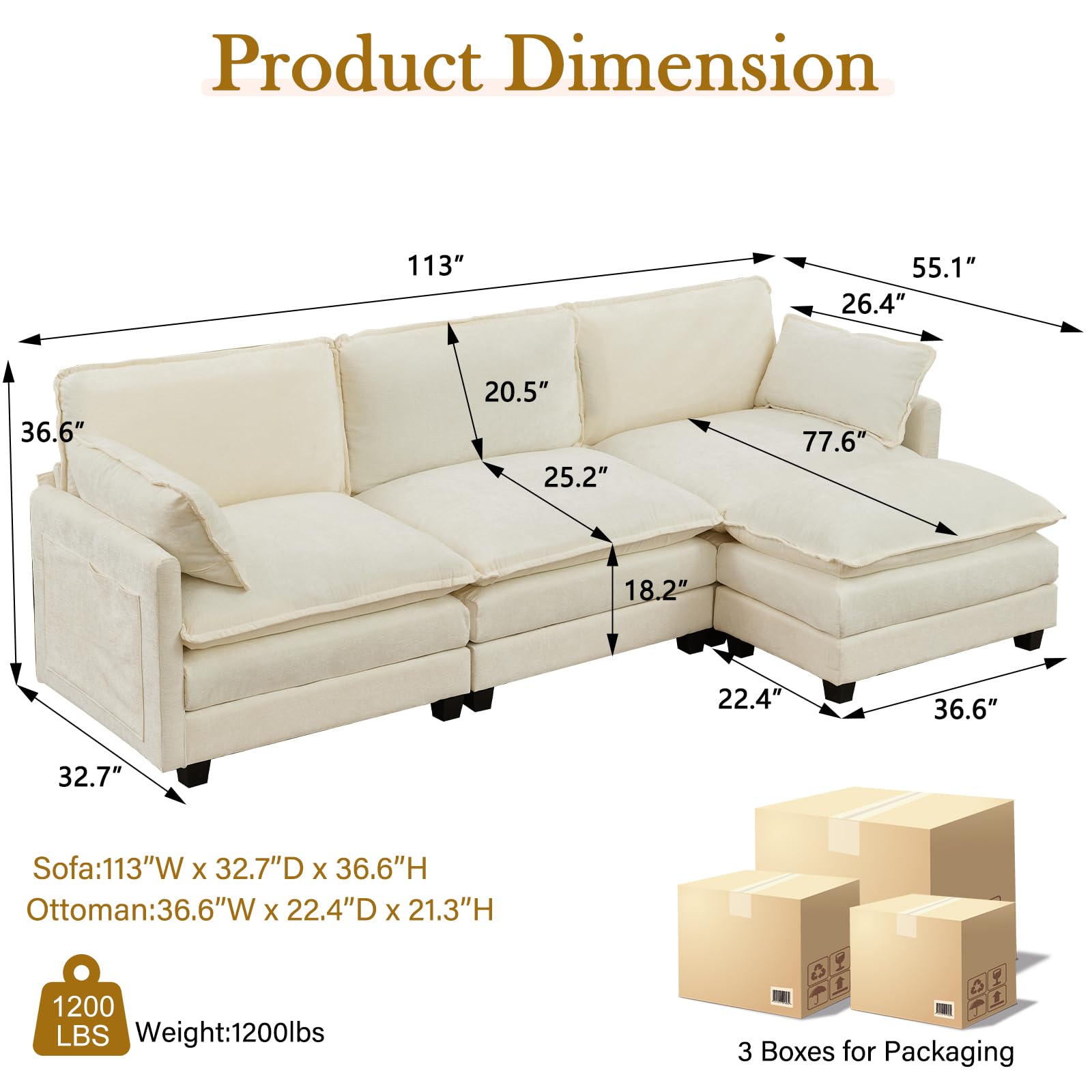 Sectional Couches for Living Room | Comfy Cloud Couch Modern Chenille L-Shaped 115” Cream Modular Sectional Sofa with Moveable Ottoman & Pillows | Extra Deep Seat Sofa (White Couch, 3-Seat Upgrade)