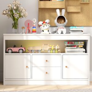 Costzon Toy Storage Organizer, Wooden Kids Bookshelf with 2 Drawers, 2 Cabinets & Open Shelf, Toy Organziers and Storage for Playroom, Bedroom, Nursery (White)