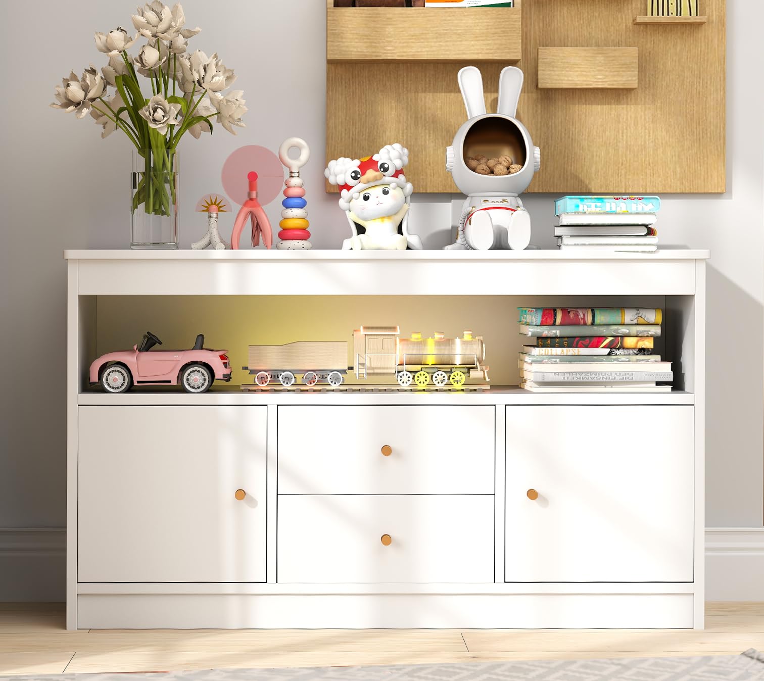 Costzon Toy Storage Organizer, Wooden Kids Bookshelf with 2 Drawers, 2 Cabinets & Open Shelf, Toy Organziers and Storage for Playroom, Bedroom, Nursery (White)