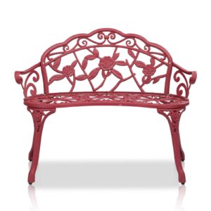 cipacho outdoor cast aluminum patio bench, garden bench with curved legs rose pattern,porch bench chair for park balcony backyard outdoor furniture (red)