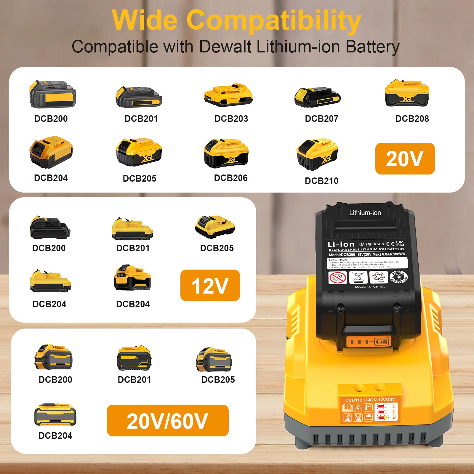 Lenoya DCB112 Charger Repalcement for Dewalt 12v/20v Battery Charger Compatible with Dewalt 12v/20v Max Battery DCB200 DCB203 DCB125 DCB107 Yellow