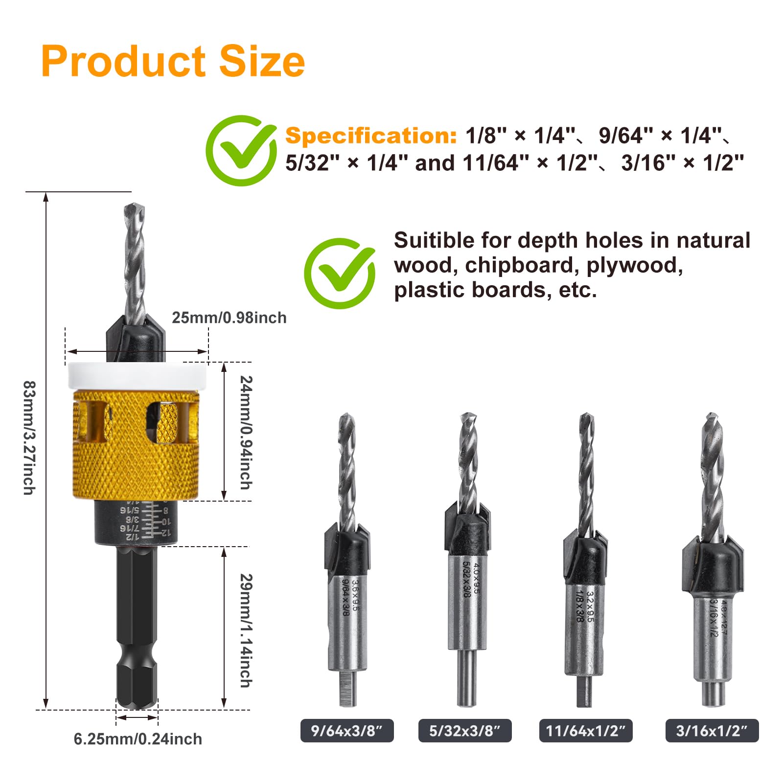 LEOMAUNYX 5 Pcs Countersink Drill Bit Set: Replaceable HSS M2 Tapered Bits - 82° Counter Bore with Adjustable Depth Stop, Carbide Drill Bits 1/4” Hex Shank for Wood, Plastic, Woodworking