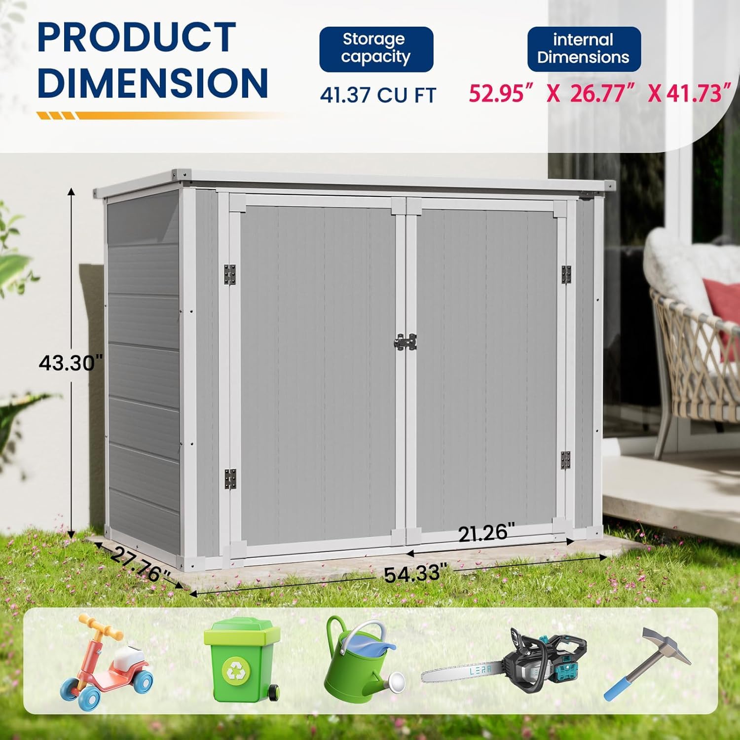 Amopatio 41 Cu Ft Horizontal Outdoor Storage Shed, Resin Trash Can Storage for Garden Tools, Lawn Mowers, Garbage Cans