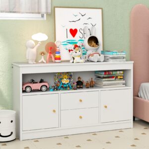 Costzon Toy Storage Organizer, Wooden Kids Bookshelf with 2 Drawers, 2 Cabinets & Open Shelf, Toy Organziers and Storage for Playroom, Bedroom, Nursery (White)