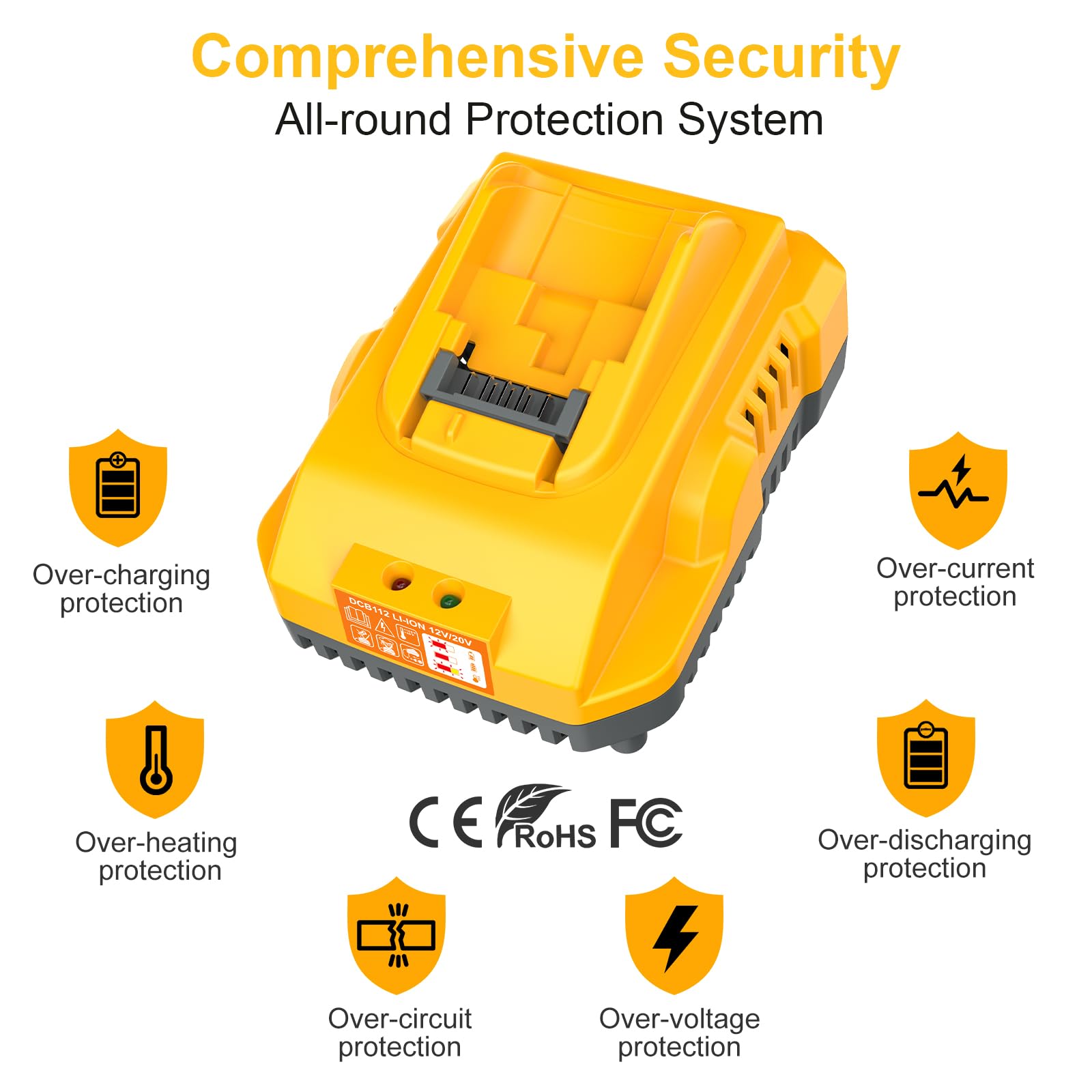 Lenoya DCB112 Charger Repalcement for Dewalt 12v/20v Battery Charger Compatible with Dewalt 12v/20v Max Battery DCB200 DCB203 DCB125 DCB107 Yellow