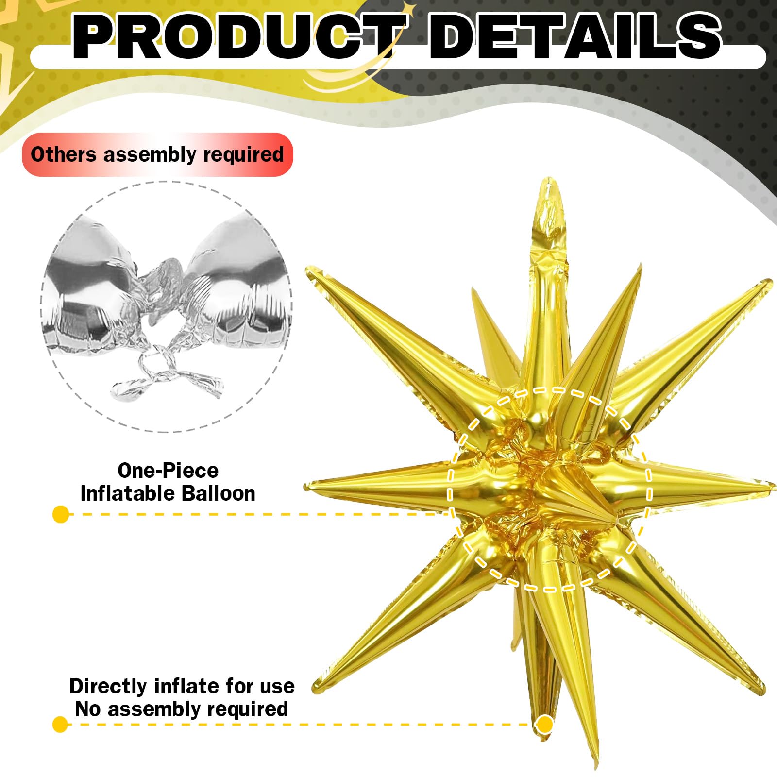 HILAVO 6PCS Black Gold Star Balloons, 22Inch Large Explosion Star Balloon Foil Balloons Spike Balloons Star Cone Balloons for Graduation Retirement Birthday New Year Party Decoration