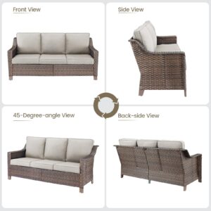 Outdoor Wicker Couch and Ottomans Set - Heavy Duty Outside Resin Rattan Lawn Funiture Sofa Sets for Front Porch Balcony Backyard Yard Deck Apartment – Brown/Beige