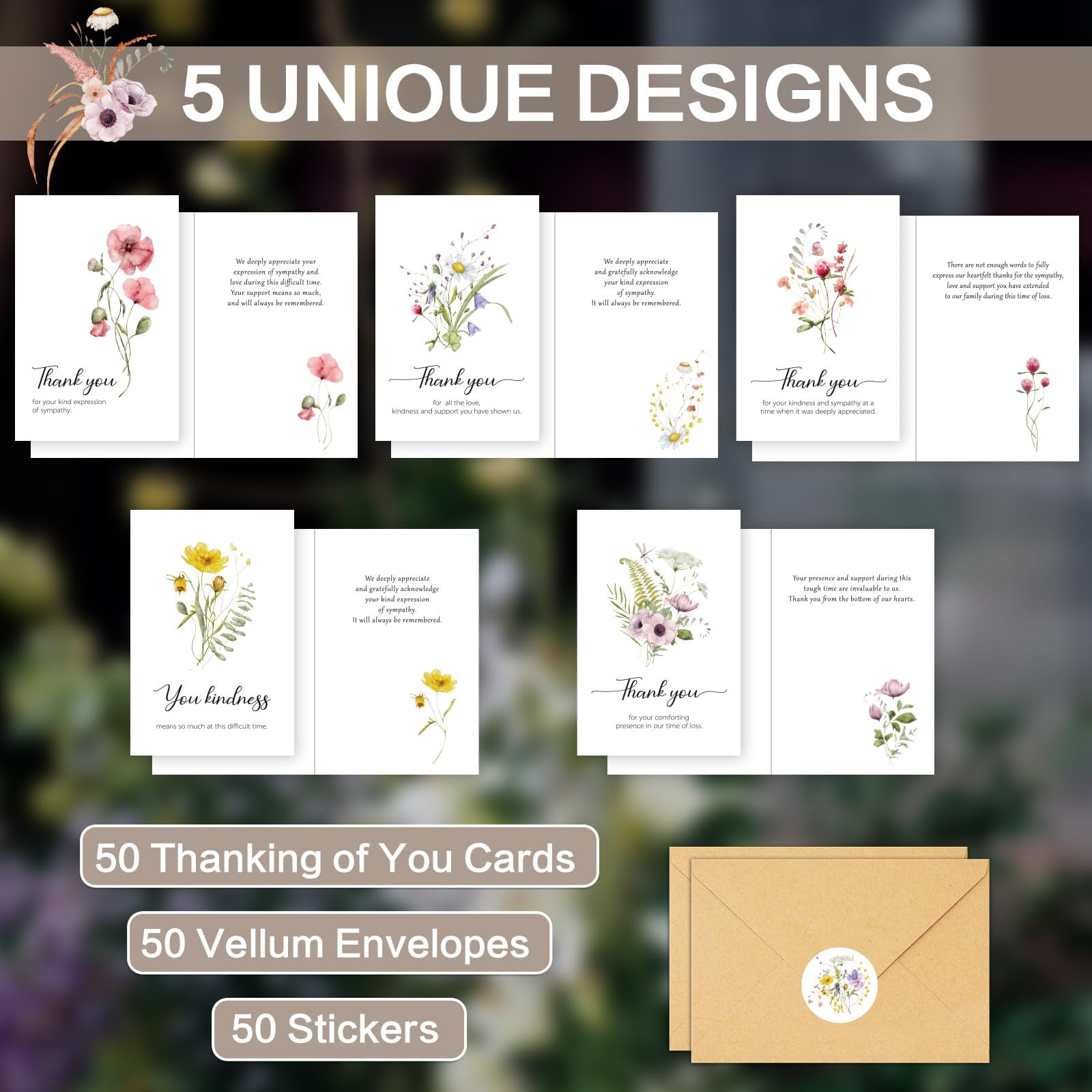 HiABNRT 50 Funeral Thank You Cards with Envelopes 4x6in Watercolor Wildflower Bereavement Sympathy Thank You Card with 5 Designs for Funeral Celebration of Life, Bulk, Message Inside