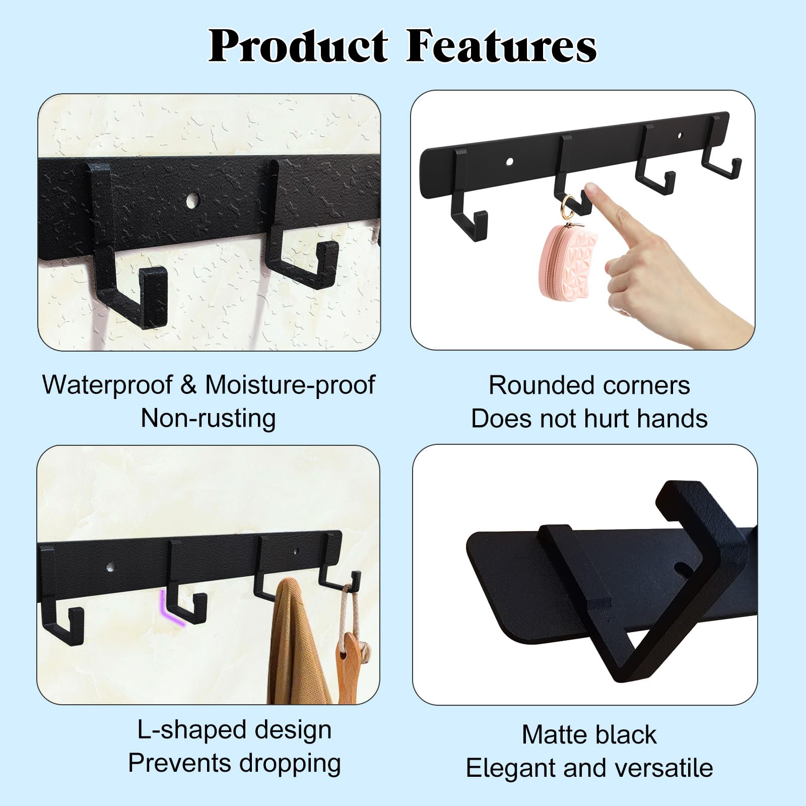 ADAMUMU Key Holder Hanging Utensil Holder with 4 Hooks Black Versatile Kitchen Rail Efficiently Organize Kitchen Towels Utensils and Small Cookware to Maximize Space