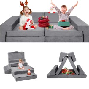 lfcreator kids play couch,modular couch for toddler and baby playroom/bedroom,imaginative convertible play couch for boys girls.gift for kids,grey