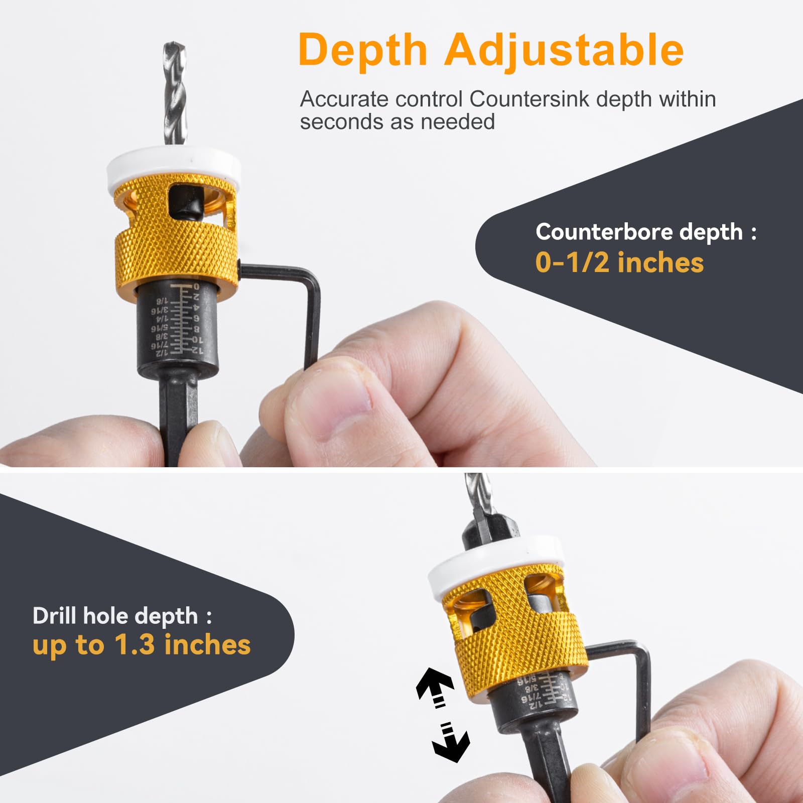 LEOMAUNYX 5 Pcs Countersink Drill Bit Set: Replaceable HSS M2 Tapered Bits - 82° Counter Bore with Adjustable Depth Stop, Carbide Drill Bits 1/4” Hex Shank for Wood, Plastic, Woodworking