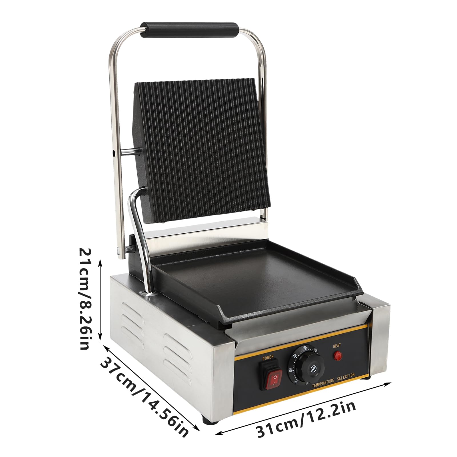 110V Stainless Steel Sandwich Maker, Commercial Sandwich Panini Press Grill, 1800W Up Grooved and Down Flat Plates Electric Sandwich Maker, for Hamburgers, Bacons, Grill Bread, Chicken, Beef