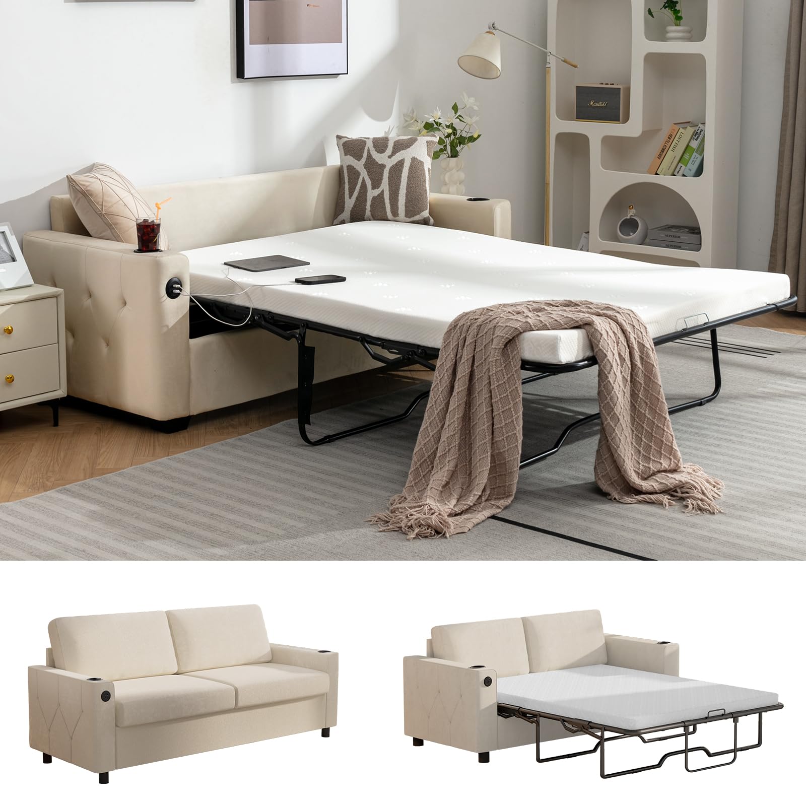 PUREMIND Queen Pull Out Sofa Bed, Velvet 2-in-1 Sleeper Sofa Bed with USB & Cup Holders, 67" Sleeper Loveseat Couch Bed with Folding Mattress, Pull Out Bed for Living Room, Small Spaces, Beige