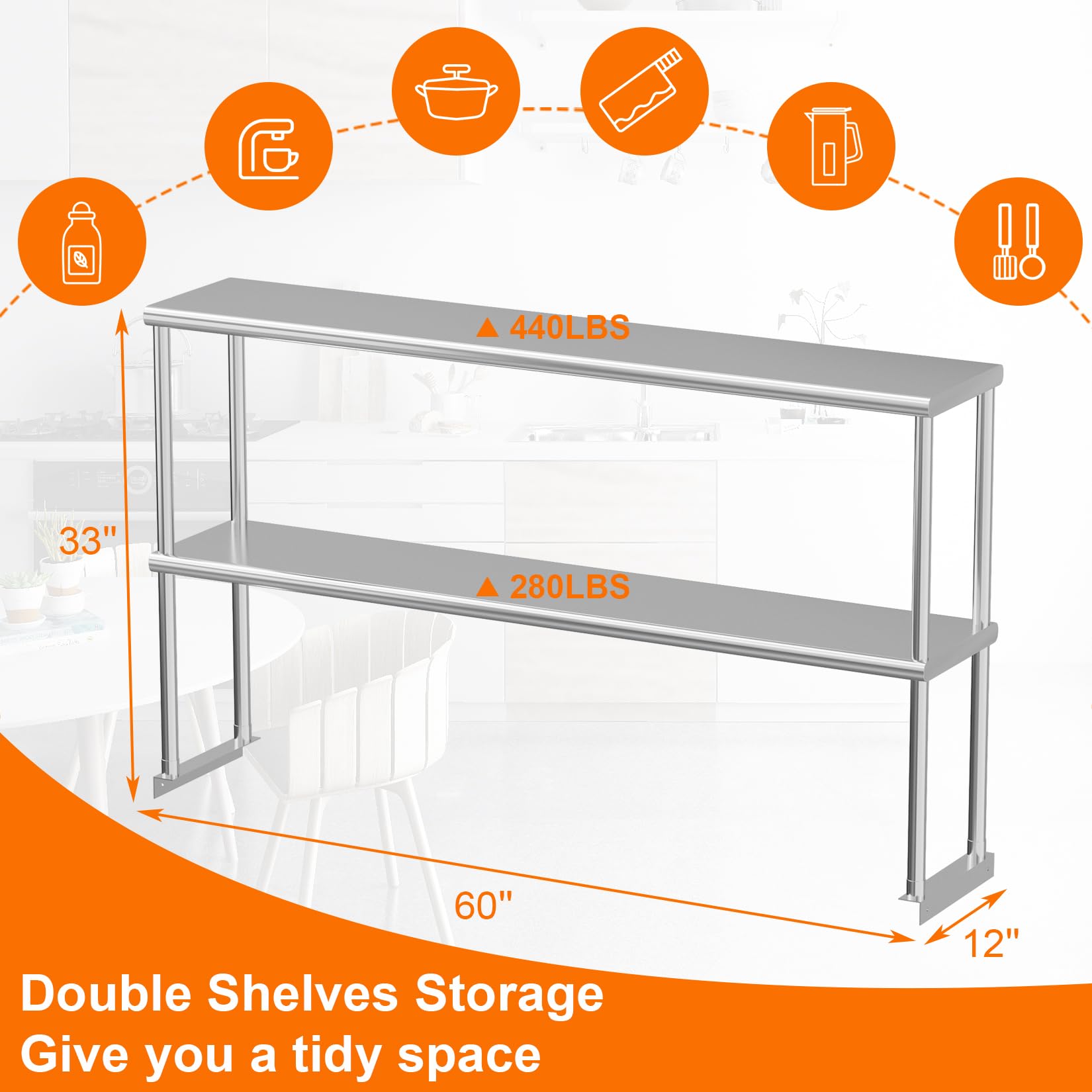 Stainless Steel Overshelf for Prep & Work Table, NSF Commercial Adjustable Double Deck Overshelf 2 Tier for Restaurant, Bar, Utility Room, Kitchen and Garage, 12'' x 60''