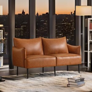 rocity faux leather loveseat sofa 53 inch small love seat couch modern brown sofa couch for home living room, 2 seater, 20.7 inch deep seats