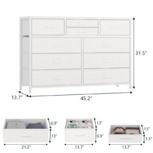 GarveeHome White Dresser for Bedroom, Wide Dressers & Chest of Drawers for Closet, 47 inch TV Stand with Big Storage, Long 10 Drawers Fabric Dresser with Metal Frame for Living Room, Closet