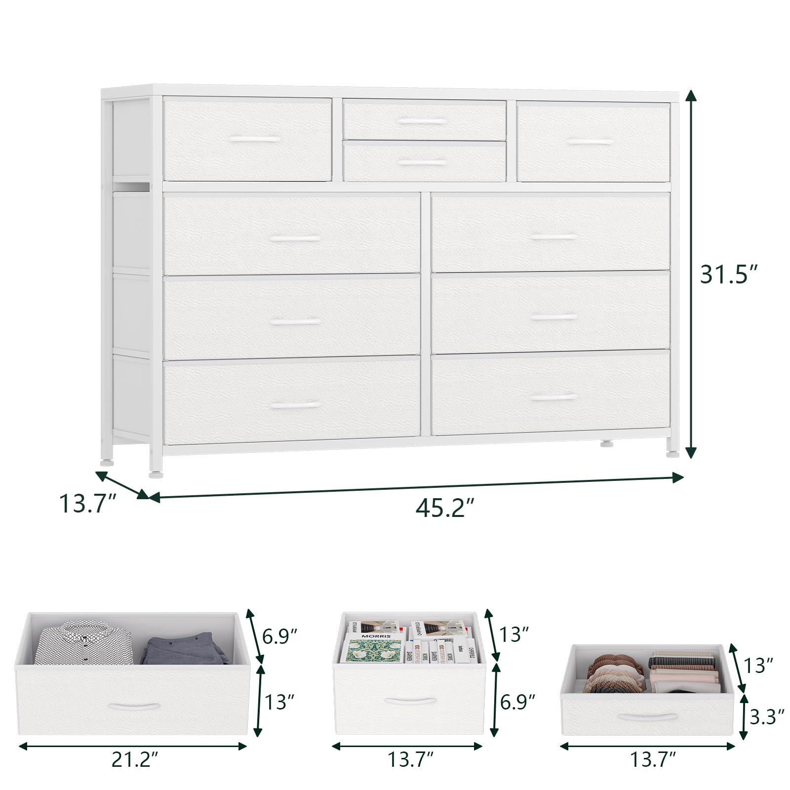 GarveeHome White Dresser for Bedroom, Wide Dressers & Chest of Drawers for Closet, 47 inch TV Stand with Big Storage, Long 10 Drawers Fabric Dresser with Metal Frame for Living Room, Closet