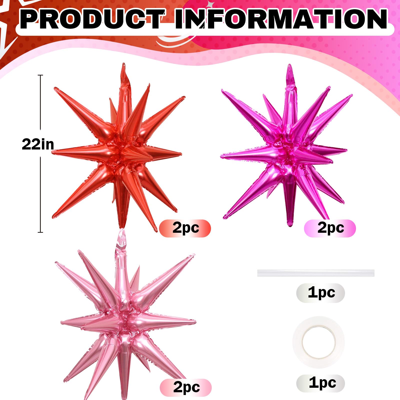 HILAVO 6PCS Star Balloons, 22Inch Huge Hot Pink Red Pink Explosion Star Balloon Foil Spike Balloons Star Cone Balloons for Girls Women Birthday Bridal Shower Valentine's Day Party Decorations