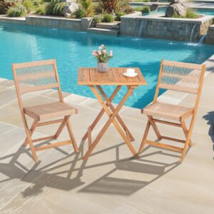 olaterior 3 piece acacia wood patio bistro set, outdoor folding bistro table and chairs set of 2, small rope conversation set, patio furniture for apartment balcony deck porch, beige