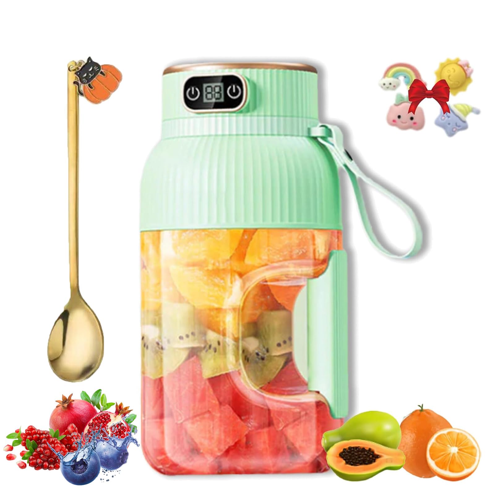 Yulyoie Multifunctional Portable Juicer Cup with Digital Display, 2024 New Portable Smoothie Blender on the Go, Portable Blender USB Rechargeable, Household Fruit Vegetable Cup Blender (Green 1 Lid)